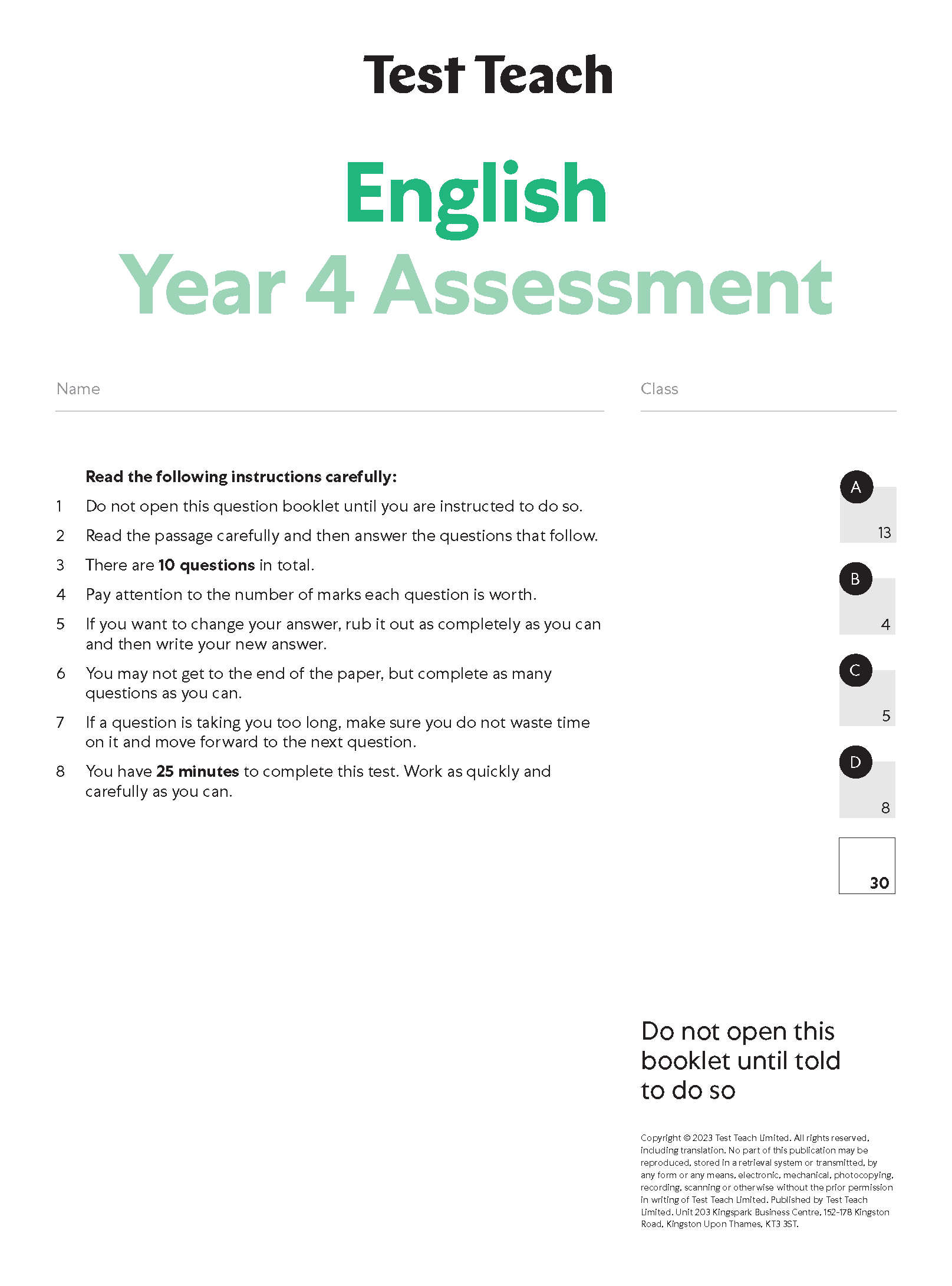 English | Year 4 Assessment - Test Teach
